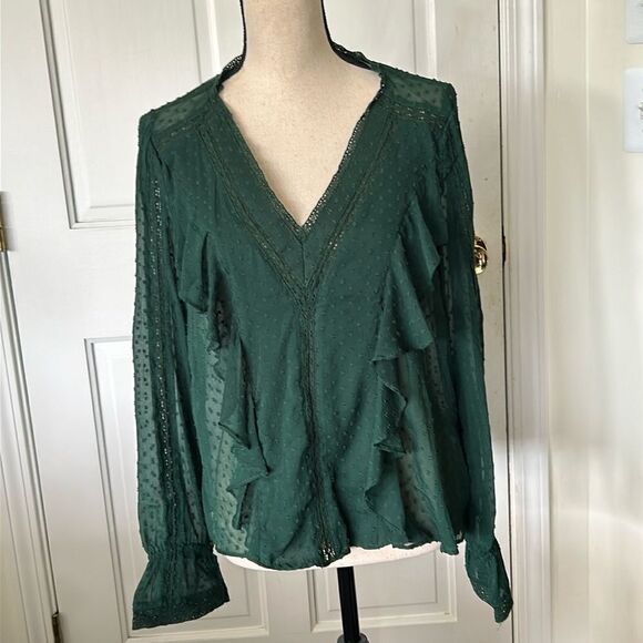 Zara | Tops | Zara Hunter Green Dotted Swiss Ruffled Sheer Topnwt | Poshmark